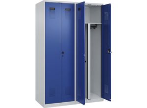 4067521931882 - Schwarz-Weiß-Spind Evolo PLUS 2 Abteile Trennwand verkürzt lichtgrau   enzianblau B 1200 mm mit Bodengleitern Sicherheits-Drehriegel kaiserkraft