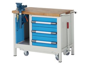 4061753037978 - eurokraft pro Fahr- und absenkbare Werkbank Gestellbauweise Serie 8000 3 Schubladen Klapplift-Schraubstock BxT 1000 x 700 mm