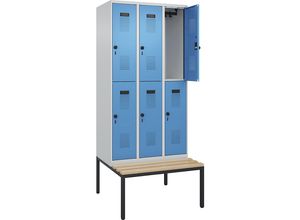 4068192156697 - Doppelstock-Spind Evolo PLUS Sitzbank 3 Abteile lichtgrau   lichtblau B 900 mm Sicherheits-Drehriegel mit untergebauter Sitzbank Buche kaiserkraft