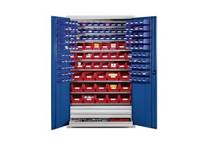 4061753276728 - eurokraft pro Großraumschrank aus Stahlblech mit 9 Fachböden 152 Sichtlagerkästen und 3 Schubladen Korpus lichtgrau Türfarbe Enzianblau