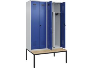 4068192156406 - Schwarz-Weiß-Spind Evolo PLUS Sitzbank 4 Abteile Trennwand verkürzt lichtgrau   enzianblau B 1200 mm Sicherheits-Drehriegel mit untergebauter Sitzbank Buche kaiserkraft