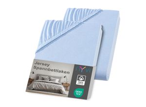 4255636635577 - NYVI Jersey Spannbettlaken DreamScience für Matratzen bis 22 cm Höhe - Weich & Anschmiegsam Rundumgummizug Bügelfrei Farbehellblau Größe90x200 - 100x200 cm (2er Pack)