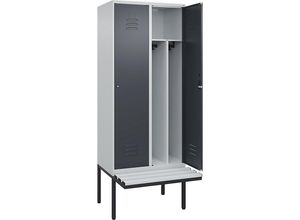 4066681786622 - Schwarz-Weiß-Spind Classic PLUS Sitzbank schmal 2 Abteile Trennwand verkürzt lichtgrau   grau B 800 mm Zylinderschloss auskragend Kunststoff C+P