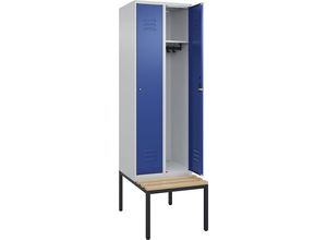 4066681827769 - Spind Classic PLUS Sitzbank 2 Abteile lichtgrau   enzianblau B 600 mm Zylinderschloss untergebaut Buche-Hartholz C+P