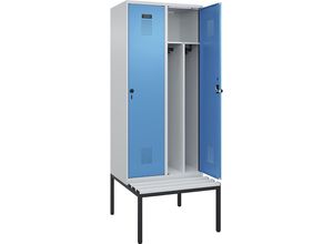 4068192358886 - Schwarz-Weiß-Spind Evolo PLUS Sitzbank schmal 2 Abteile Trennwand verkürzt lichtgrau   lichtblau B 800 mm Sicherheits-Drehriegel mit untergebauter Sitzbank Kunststoff kaiserkraft