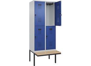 4068192155904 - Doppelstock-Spind Evolo PLUS Sitzbank 2 Abteile lichtgrau   enzianblau B 800 mm Sicherheits-Drehriegel mit auskragender Sitzbank Buche kaiserkraft
