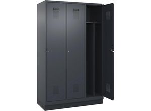 4067521993965 - Schwarz-Weiß-Spind Evolo PLUS schmal 3 Abteile Trennwand verkürzt grau B 1200 mm mit Bodensockel Zylinderschloss kaiserkraft