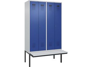 4068192388913 - Schwarz-Weiß-Spind Evolo PLUS Sitzbank 4 Abteile Trennwand verkürzt lichtgrau   enzianblau B 1200 mm Zylinderschloss mit auskragender Sitzbank Kunststoff kaiserkraft