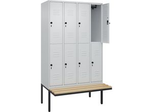4066681747623 - Doppelstock-Spind Classic PLUS Sitzbank 4 Abteile lichtgrau B 1200 mm Sicherheits-Drehriegel auskragend Buche-Hartholz C+P
