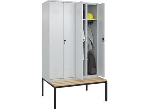 4066681746428 - Schwarz-Weiß-Spind Classic PLUS Sitzbank 2 Abteile lichtgrau B 1200 mm Sicherheits-Drehriegel untergebaut Buche-Hartholz C+P