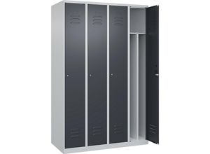 4067521328934 - Schwarz-Weiß-Spind Classic PLUS schmal 4 Abteile Trennwand verkürzt lichtgrau   grau B 1200 mm mit Bodengleitern Zylinderschloss Trennwand mittig C+P