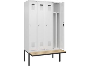 4068192302698 - Schwarz-Weiß-Spind Evolo PLUS Sitzbank schmal 4 Abteile Trennwand verkürzt weiß B 1200 mm Zylinderschloss mit auskragender Sitzbank Buche kaiserkraft