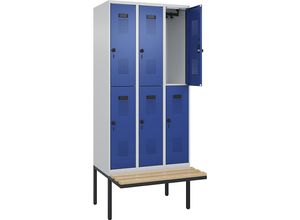 4068192155874 - Doppelstock-Spind Evolo PLUS Sitzbank 3 Abteile lichtgrau   enzianblau B 900 mm Sicherheits-Drehriegel mit auskragender Sitzbank Buche kaiserkraft
