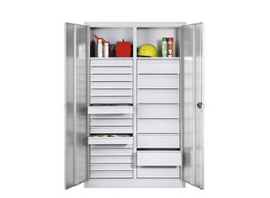 4064615116118 - Materialschrank aus Stahlblech 2 Fachböden 24 Schubladen HxBxT 1950 x 1200 x 500 mm lichtgrau C+P
