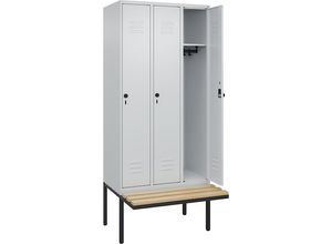 4066681741188 - Spind Classic PLUS Sitzbank 3 Abteile lichtgrau B 900 mm Sicherheits-Drehriegel auskragend Buche-Hartholz C+P