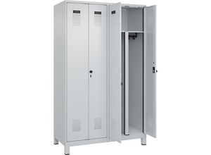 4067521940358 - Schwarz-Weiß-Spind Evolo PLUS 2 Abteile Trennwand verkürzt lichtgrau B 1200 mm mit breiten Füßen Sicherheits-Drehriegel kaiserkraft