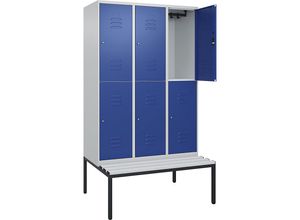 4066681749351 - Doppelstock-Spind Classic PLUS Sitzbank 3 Abteile lichtgrau   enzianblau B 1200 mm Zylinderschloss untergebaut Kunststoff C+P