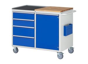 4040376917386 - Kompaktwerkbänke fahrbar 4 Schubladen 1 Tür Arbeitsfläche Holz   Metall lichtgrau   enzianblau RAU