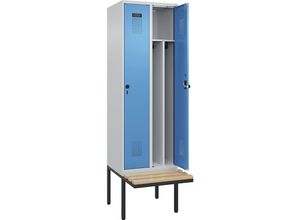 4068192157366 - Schwarz-Weiß-Spind Evolo PLUS Sitzbank schmal 2 Abteile Trennwand verkürzt lichtgrau   lichtblau B 600 mm Sicherheits-Drehriegel mit auskragender Sitzbank Buche kaiserkraft