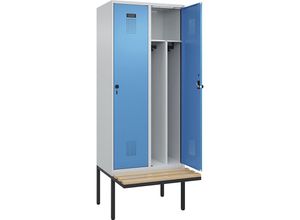 4068192157410 - Schwarz-Weiß-Spind Evolo PLUS Sitzbank schmal 2 Abteile Trennwand verkürzt lichtgrau   lichtblau B 800 mm Sicherheits-Drehriegel mit auskragender Sitzbank Buche kaiserkraft