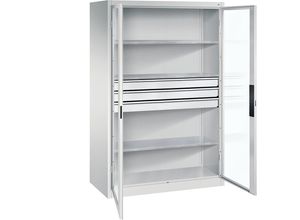 4064615184155 - Sichtfenster-Flügeltürschrank HxBxT 1950 x 1200 x 600 mm 3 Fachböden 3 Schubladen lichtgrau   lichtgrau C+P