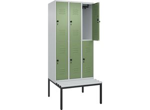 4066681807471 - Doppelstock-Spind Classic PLUS Sitzbank 3 Abteile lichtgrau   resedagrün B 900 mm Sicherheits-Drehriegel untergebaut Kunststoff C+P