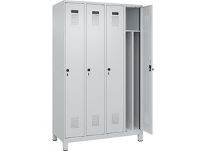 4067521940259 - Schwarz-Weiß-Spind Evolo PLUS schmal 4 Abteile Trennwand verkürzt lichtgrau B 1200 mm mit breiten Füßen Sicherheits-Drehriegel kaiserkraft