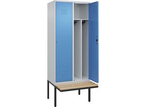 4066681817371 - Schwarz-Weiß-Spind Classic PLUS Sitzbank schmal 2 Abteile Trennwand verkürzt lichtgrau   lichtblau B 800 mm Zylinderschloss auskragend Buche-Hartholz C+P