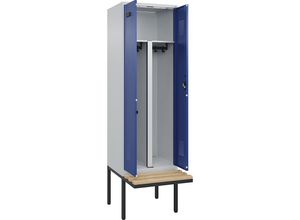 4068192262053 - Schwarz-Weiß-Spind Evolo PLUS Sitzbank 2 Abteile Trennwand verkürzt lichtgrau   enzianblau B 600 mm Zylinderschloss mit auskragender Sitzbank Buche kaiserkraft