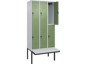4066681800861 - Doppelstock-Spind Classic PLUS Sitzbank 3 Abteile lichtgrau   resedagrün B 900 mm Sicherheits-Drehriegel auskragend Kunststoff C+P