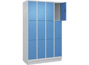 4068192027799 - 3er-Schließfachschrank Evolo PLUS 4 Abteile lichtgrau   lichtblau B 1200 mm 12 Fächer mit Bodensockel Zylinderschloss kaiserkraft