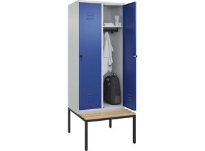 4066681743977 - Spind Classic PLUS Sitzbank 2 Abteile lichtgrau   enzianblau B 800 mm Sicherheits-Drehriegel untergebaut Buche-Hartholz C+P