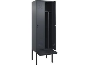 4066681786219 - Schwarz-Weiß-Spind Classic PLUS Sitzbank schmal 2 Abteile Trennwand verkürzt grau B 600 mm Sicherheits-Drehriegel auskragend Kunststoff C+P