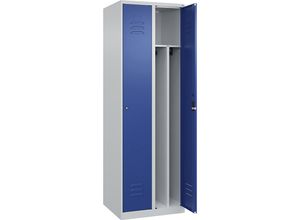 4067521330463 - Schwarz-Weiß-Spind Classic PLUS schmal 2 Abteile Trennwand verkürzt lichtgrau   enzianblau B 600 mm mit Bodengleitern Zylinderschloss Trennwand mittig C+P