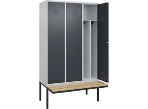 4066681817692 - Schwarz-Weiß-Spind Classic PLUS Sitzbank schmal 3 Abteile Trennwand verkürzt lichtgrau   grau B 1200 mm Zylinderschloss auskragend Buche-Hartholz C+P