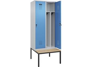 4068192157489 - Schwarz-Weiß-Spind Evolo PLUS Sitzbank schmal 2 Abteile Trennwand verkürzt lichtgrau   lichtblau B 800 mm Sicherheits-Drehriegel mit untergebauter Sitzbank Buche kaiserkraft