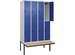 4066681747562 - Doppelstock-Spind Classic PLUS Sitzbank 4 Abteile lichtgrau   enzianblau B 1200 mm Sicherheits-Drehriegel auskragend Buche-Hartholz C+P