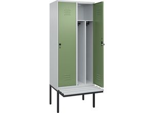 4066681786752 - Schwarz-Weiß-Spind Classic PLUS Sitzbank schmal 2 Abteile Trennwand verkürzt lichtgrau   resedagrün B 800 mm Sicherheits-Drehriegel auskragend Kunststoff C+P