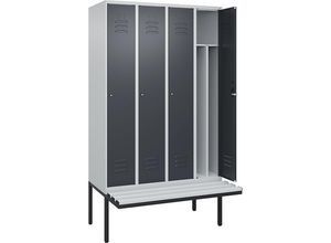 4066681788428 - Schwarz-Weiß-Spind Classic PLUS Sitzbank schmal 4 Abteile Trennwand verkürzt lichtgrau   grau B 1200 mm Zylinderschloss auskragend Kunststoff C+P