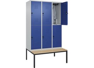 4066681749207 - Doppelstock-Spind Classic PLUS Sitzbank 3 Abteile lichtgrau   enzianblau B 1200 mm Sicherheits-Drehriegel untergebaut Buche-Hartholz C+P