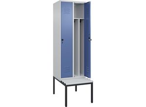 4066681791992 - Schwarz-Weiß-Spind Classic PLUS Sitzbank schmal 2 Abteile Trennwand verkürzt lichtgrau   fernblau B 600 mm Sicherheits-Drehriegel untergebaut Kunststoff C+P