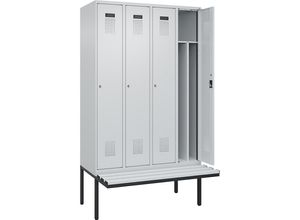 4068192396147 - Schwarz-Weiß-Spind Evolo PLUS Sitzbank schmal 4 Abteile Trennwand verkürzt lichtgrau   lichtgrau B 1200 mm Zylinderschloss mit auskragender Sitzbank Kunststoff kaiserkraft
