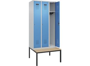 4068192262374 - Kleiderspind Evolo Plus 3 Abteile 300 mm Abteilbreite mit untergebauter Sitzbank B 900 x T 815 x H 2120 mm Zylinder lichtgrau lichtblau