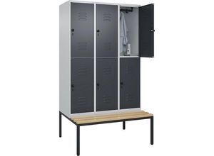 4066681749252 - Doppelstock-Spind Classic PLUS Sitzbank 3 Abteile lichtgrau   grau B 1200 mm Sicherheits-Drehriegel untergebaut Buche-Hartholz C+P