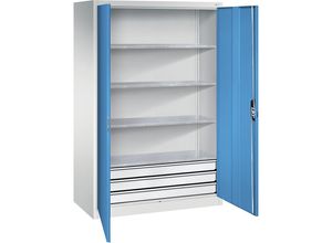 4064615116606 - Werkstatt-Flügeltürschrank mit Schubladen BxT 1200 x 600 mm 4 Fachböden lichtgrau   lichtblau C+P