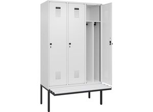 4068192373537 - Schwarz-Weiß-Spind Evolo PLUS Sitzbank schmal 3 Abteile Trennwand verkürzt weiß B 1200 mm Sicherheits-Drehriegel mit auskragender Sitzbank Kunststoff kaiserkraft