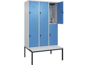 4066681808355 - Doppelstock-Spind Classic PLUS Sitzbank 3 Abteile lichtgrau   lichtblau B 1200 mm Sicherheits-Drehriegel untergebaut Kunststoff C+P