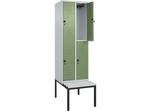 4066681805675 - Doppelstock-Spind Classic PLUS Sitzbank 2 Abteile lichtgrau   resedagrün B 600 mm Sicherheits-Drehriegel untergebaut Kunststoff C+P