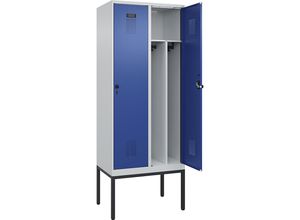 4068192155973 - Schwarz-Weiß-Spind Evolo PLUS schmal 2 Abteile Trennwand verkürzt lichtgrau   enzianblau B 800 mm mit schmalen Füßen Sicherheits-Drehriegel kaiserkraft