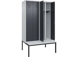 4066681795181 - Schwarz-Weiß-Spind Classic PLUS Sitzbank 2 Abteile lichtgrau   grau B 1200 mm Zylinderschloss untergebaut Kunststoff C+P